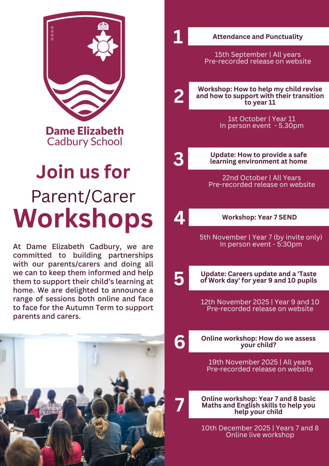 Parent/Carer Support Workshops - Dame Elizabeth Cadbury School